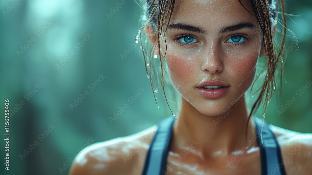 fit woman with wet hair and glowing skin looks intensely at camera ...