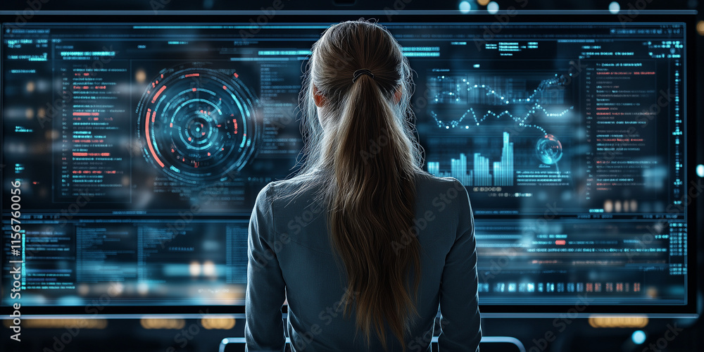 Digital monitoring action high-tech control room data analysis content ...