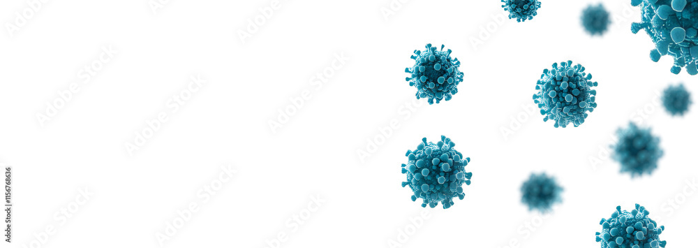 Covid, blue respiratory virus molecule, on white background, in the air ...