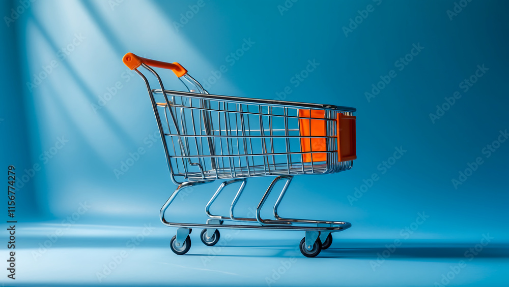 modern shopping cart with orange handle against blue background ...
