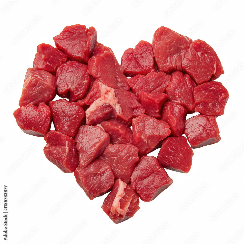 Heart shaped raw red meat chunks isolated on transparent background ...
