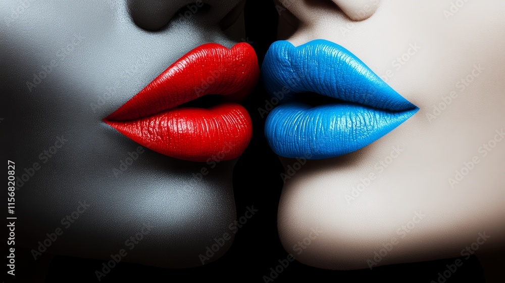 Two women with red and blue lips. The lips are painted in a way that ...