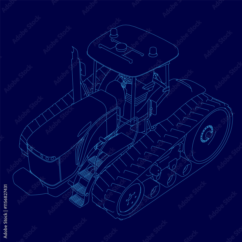 Blue drawing of a tractor with a blue outline. The tractor is shown in ...