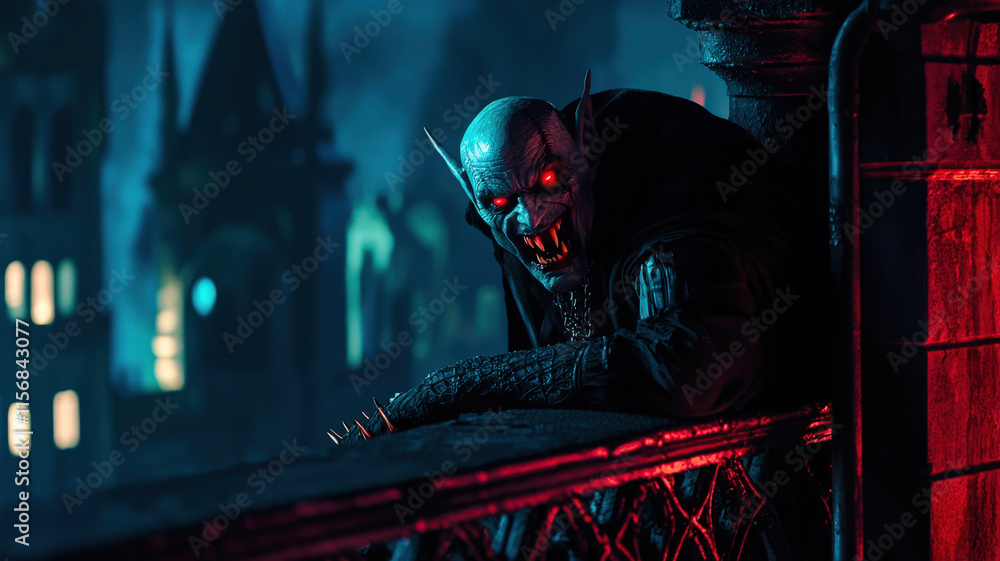 Terrifying vampire lord with glowing red eyes and fangs overlooks a ...