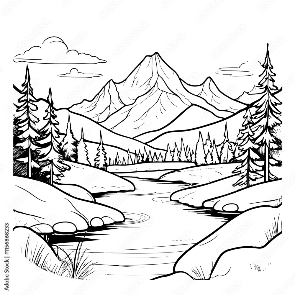 printable coloring pages of river flowing from big mountains and ...