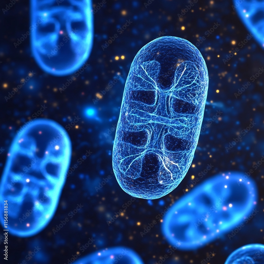 Glowing Blue Mitochondria Organelle under Microscope for Biotechnology ...