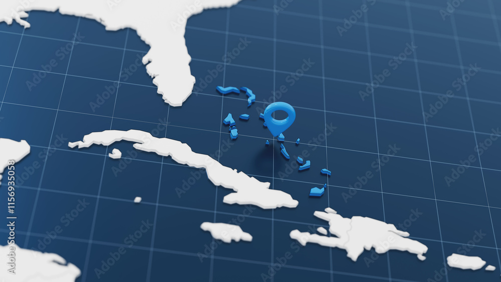 Blue The Bahamas 3d map with pointer pin surrounded with other ...