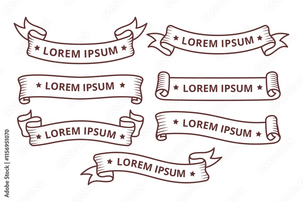 vector set of lineart ribbon banner retro image assets Stock ...