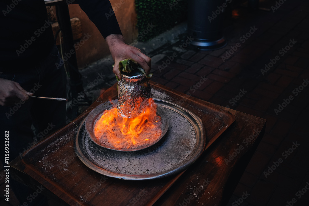 Hands of chef preparing traditional Turkish food over open flame and ...