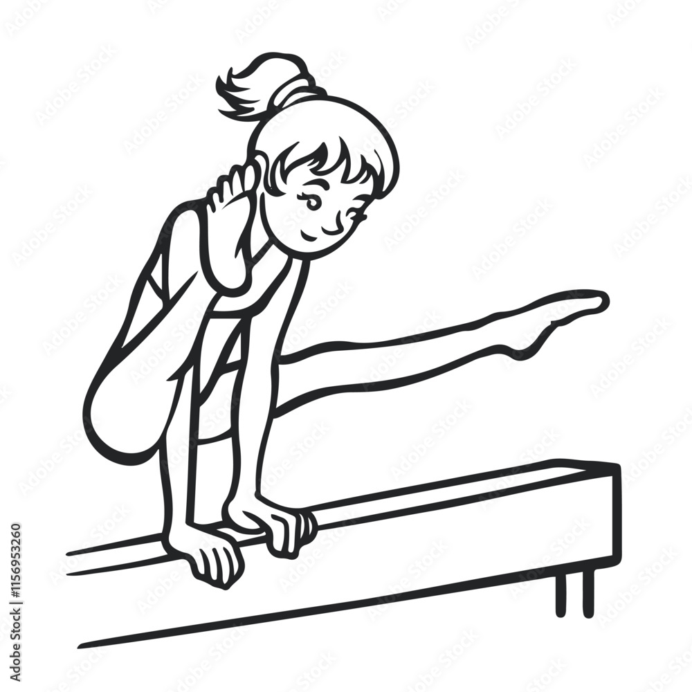 a cheerful young girl gymnast. woman. drawing with line art. simple ...