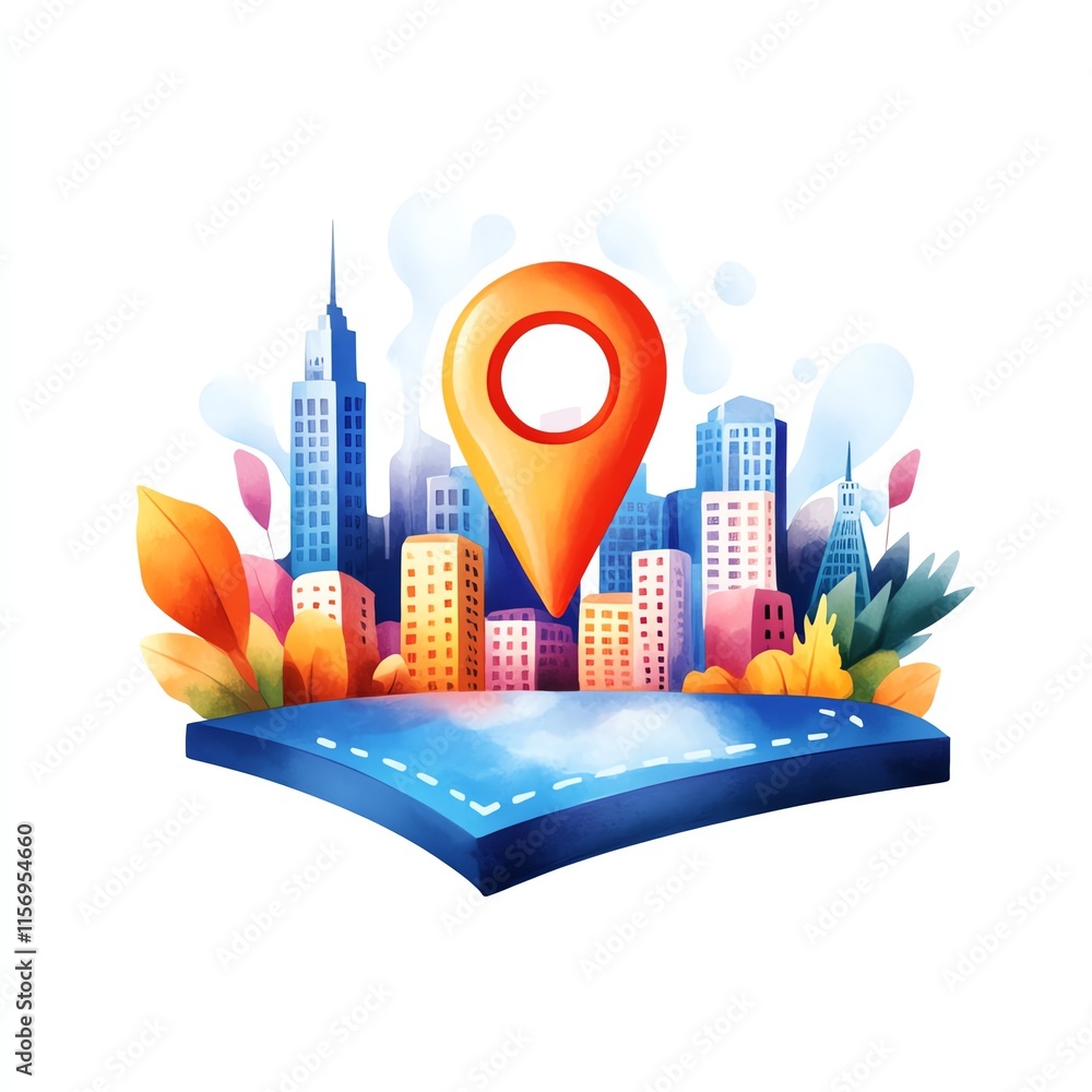 Colorful city map with a location pin on a white isolated background ...