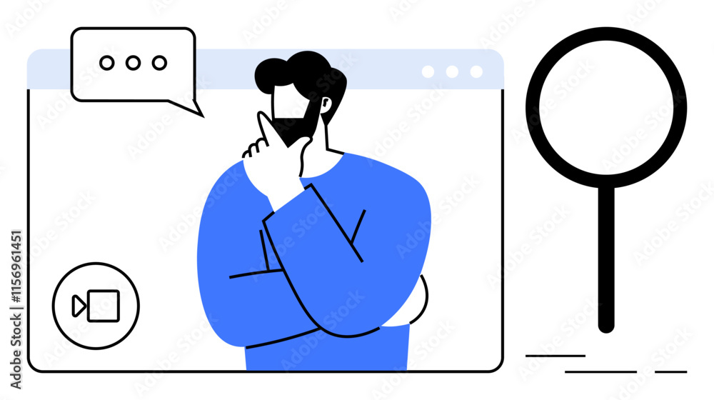 Person in a video call window, thinking with hand on chin, speech ...