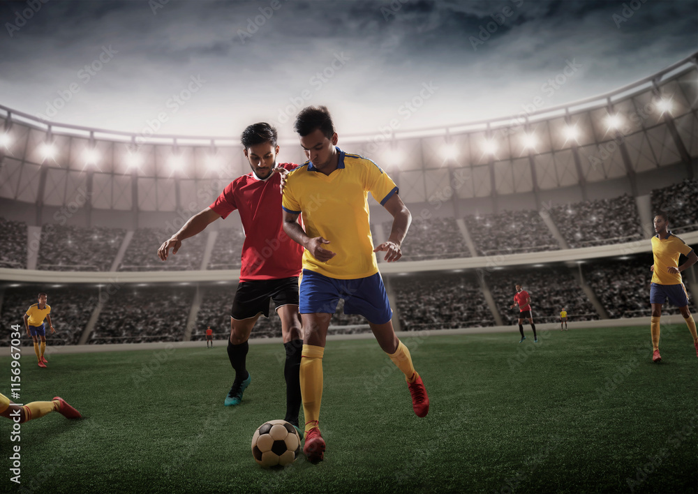 Rival Football Players in Challenge for Possession Of Football Stock ...