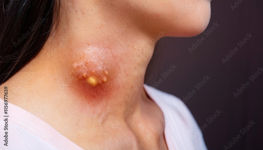 macro view of a large neck boil with inflamed red skin and pus-filled ...