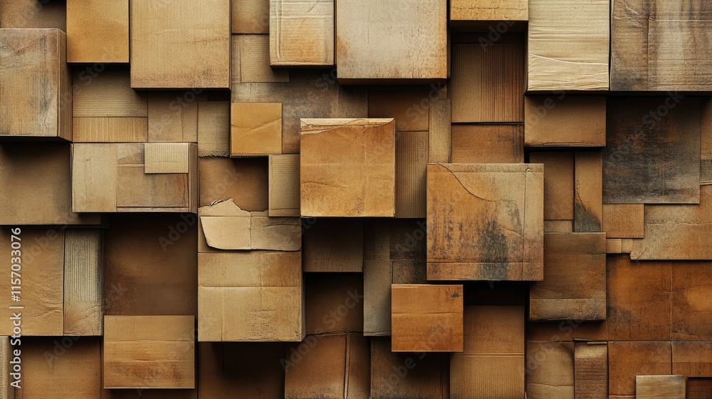 Abstract collage of vintage cardboard boxes in various shapes and sizes ...