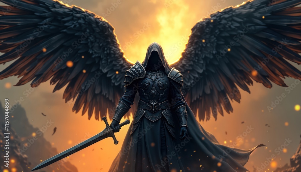 Ilustración de Stock Dark warrior angel holds medieval sword. Powerful ...
