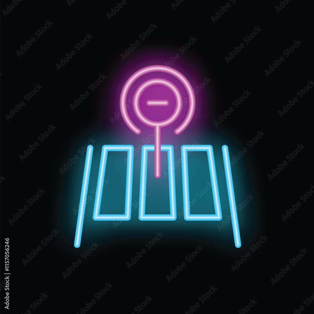 Vibrant pink and blue neon sign representing a no entry traffic sign ...