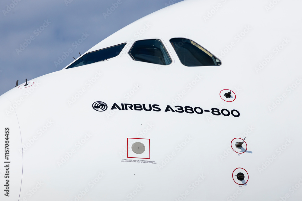 Berlin, Germany - June 6 2024: Airbus A380 widebody airliner. Closeup ...