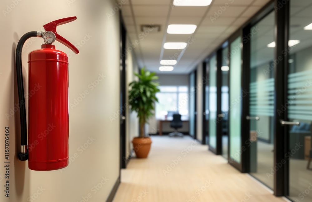 Red fire extinguisher hangs on office hallway wall. Modern office space hallway visible in ...