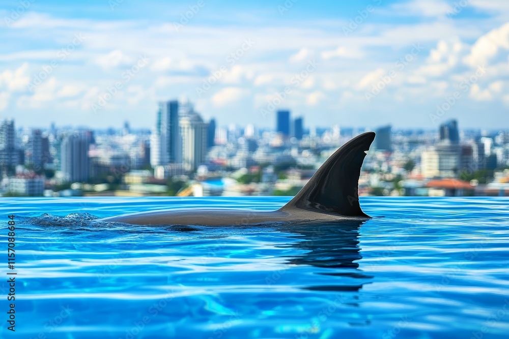 Shark swimming in a rooftop infinity pool its fin breaking the surface ...