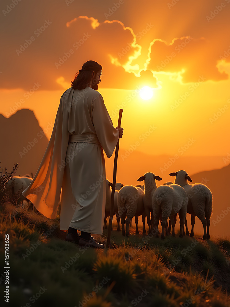 Jesus Stands As A Shepherd, Guiding His Flock Of Sheep Under The Warm ...