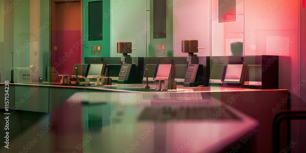 Vintage Computer Workstations in a Control Room Stock Illustration ...