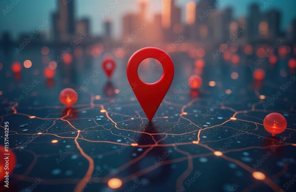 Digital map interface shows red location marker. City landscape blurred ...