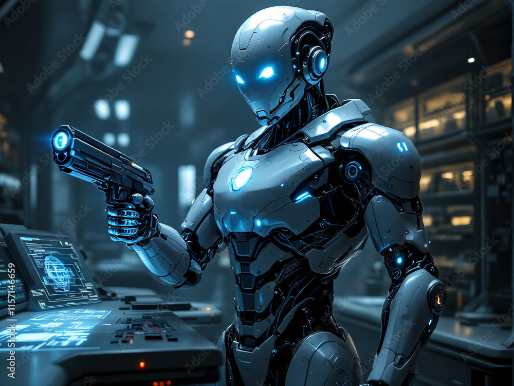 Cybernetic robot with gun in futuristic night cityscape, blue neon ...
