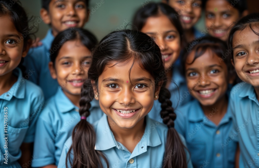 Indian school kids smile cheerfully in group photo. Children wear ...