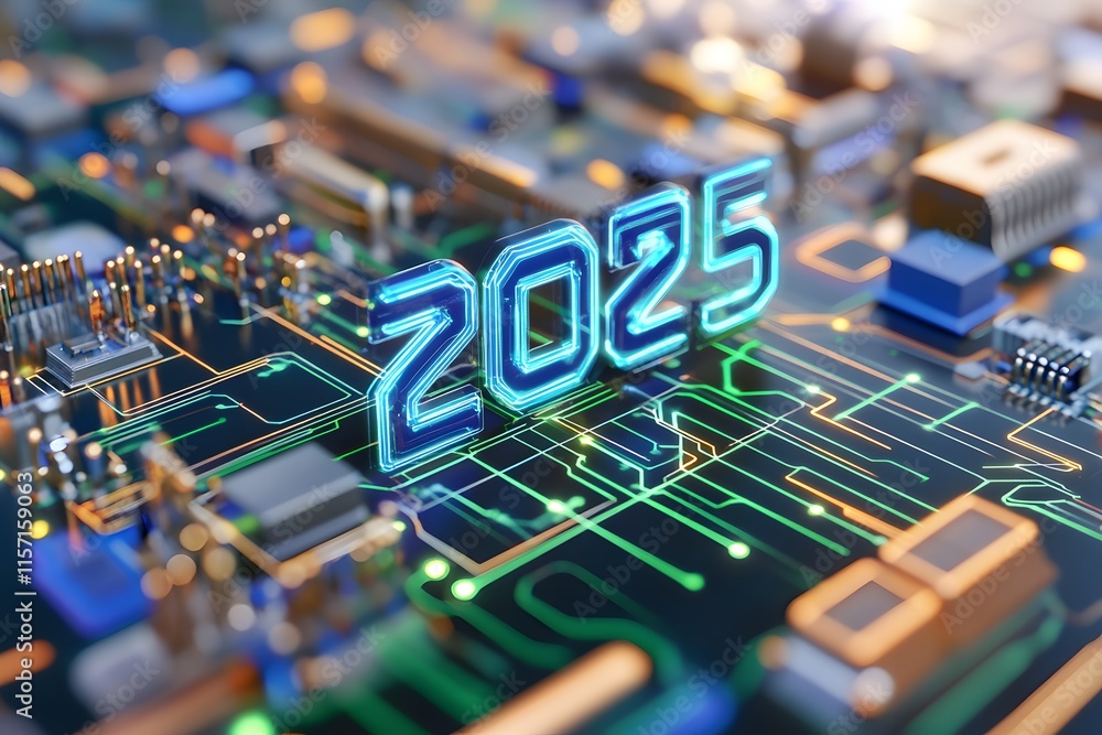 The word 2025 on a blur background, with glowing neon blue and green ...