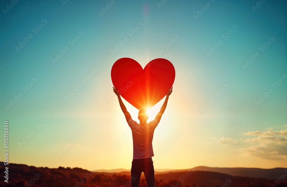 Man holds huge red heart aloft against sunset sky. Silhouette of man ...