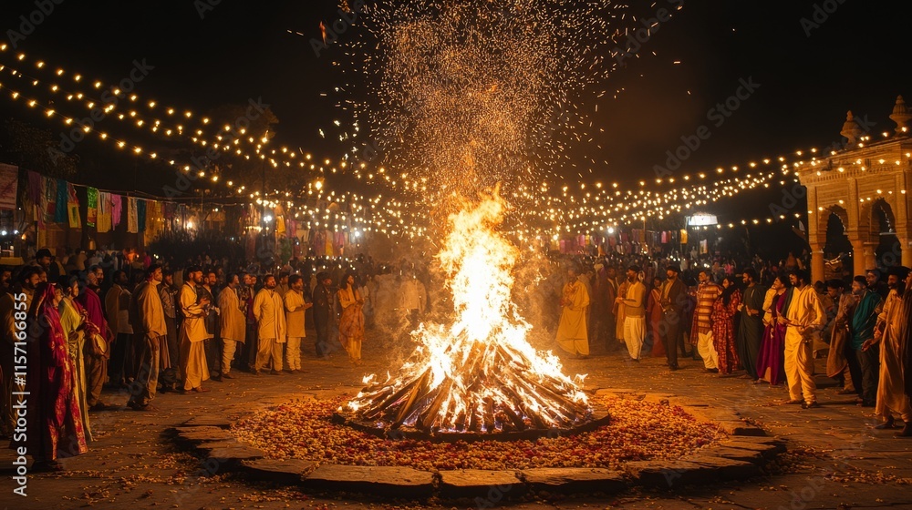 Large bonfire during Lohri festival with people in traditional Indian ...