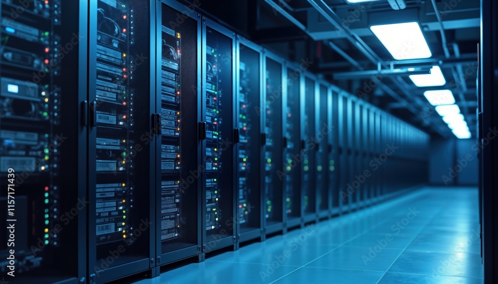 Dark tech server room filled with computer racks. Secure environment ...