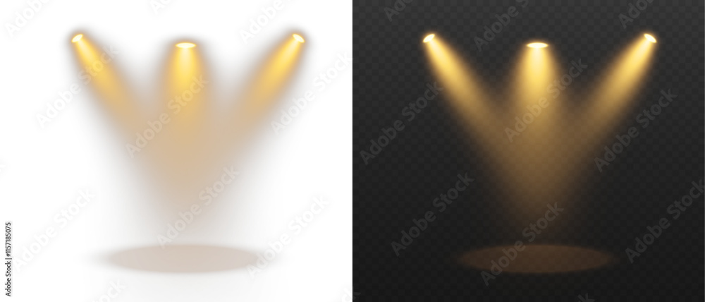 Golden spotlight shines on transparent background. Glowing light effect ...