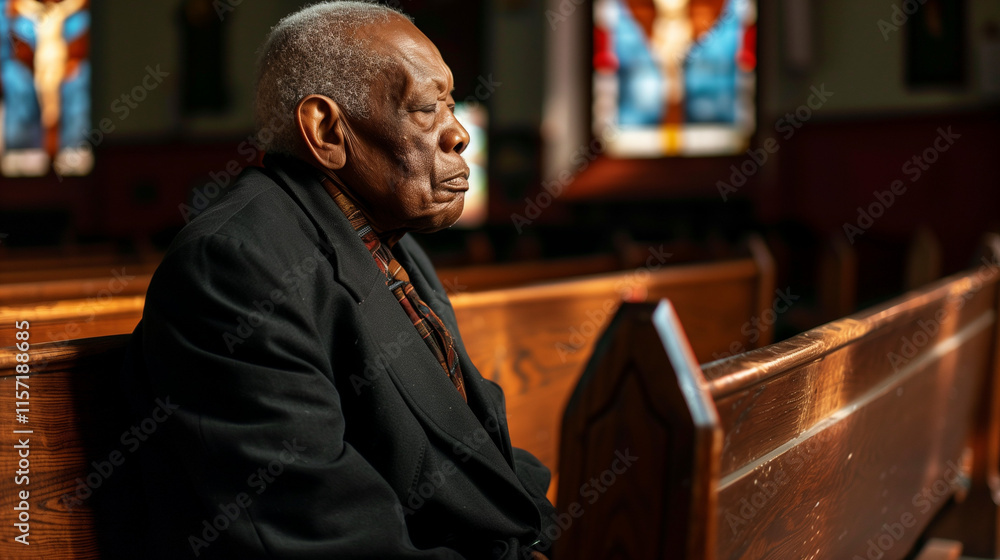 Senior man sitting alone on church pew bench to pray at funeral service ...