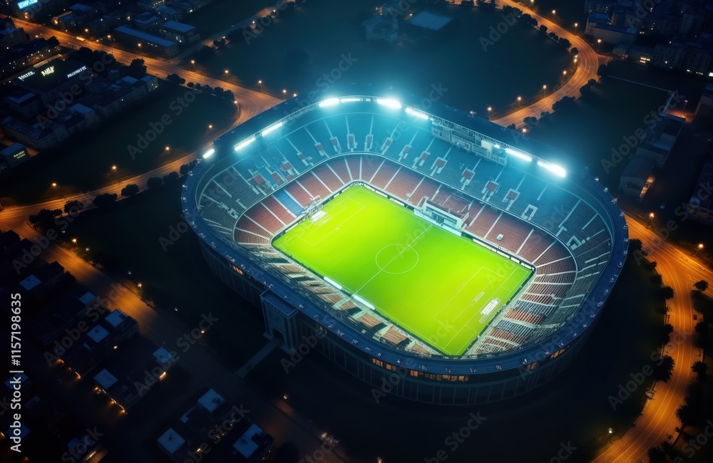 Aerial view of huge illuminated stadium at night. City lights surround ...