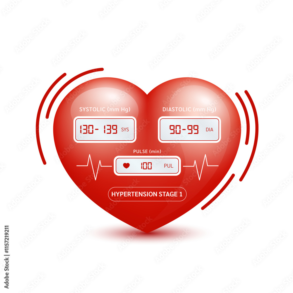 Sphygmomanometer in dark red heart and check up pulse. Stage 1 ...