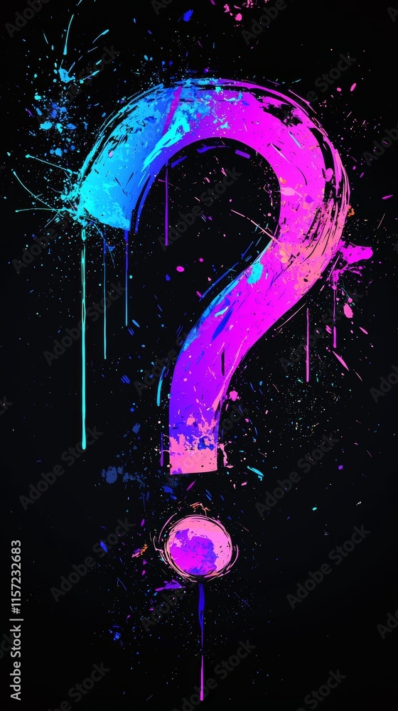 Vibrant question mark symbol is depicted with dripping paint splatters ...