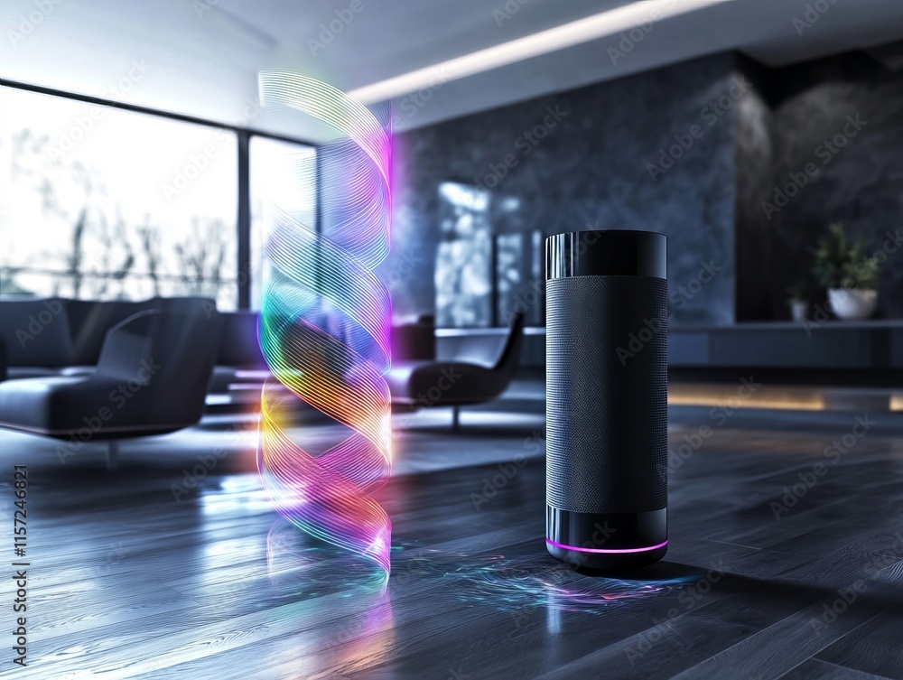 Smart speaker playing music with ai generated sound waves in modern ...