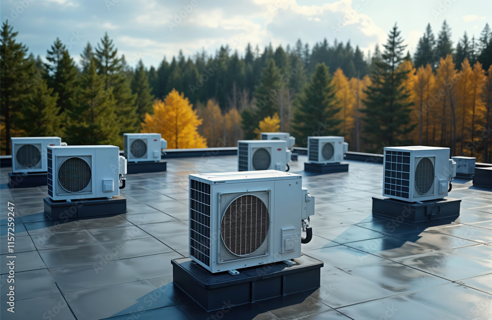 Multiple rooftop air conditioning units installed on building ...