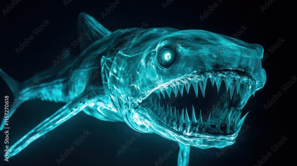 A terrifying deep-sea predator with a translucent body, glowing veins ...