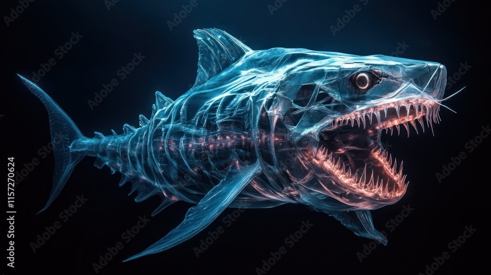 A terrifying deep-sea predator with a translucent body, glowing veins ...