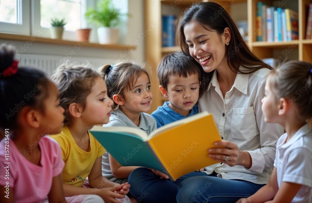 Kindergarten children gather around teacher reading book. Diverse group ...
