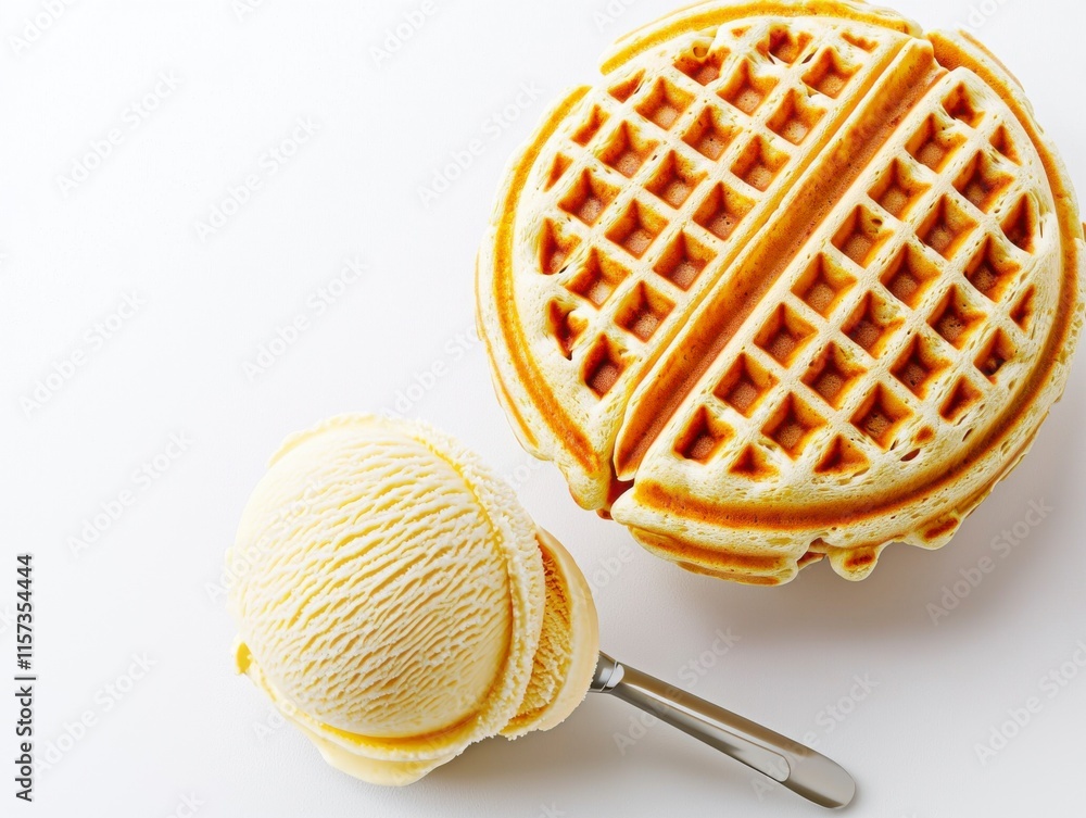 3D Representation of a Floating Waffle with a Scoop of Vanilla Ice ...