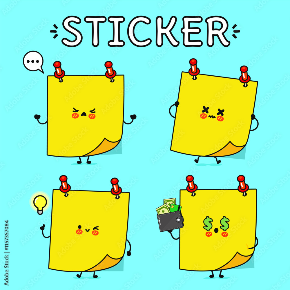 Funny cute happy Sticker characters bundle set. Vector hand drawn ...