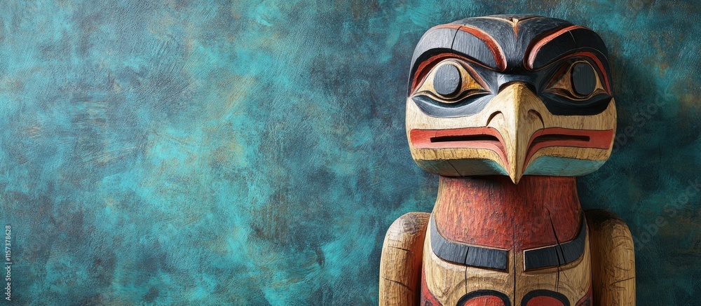 Native American totem pole featuring hawk portrait on textured ...