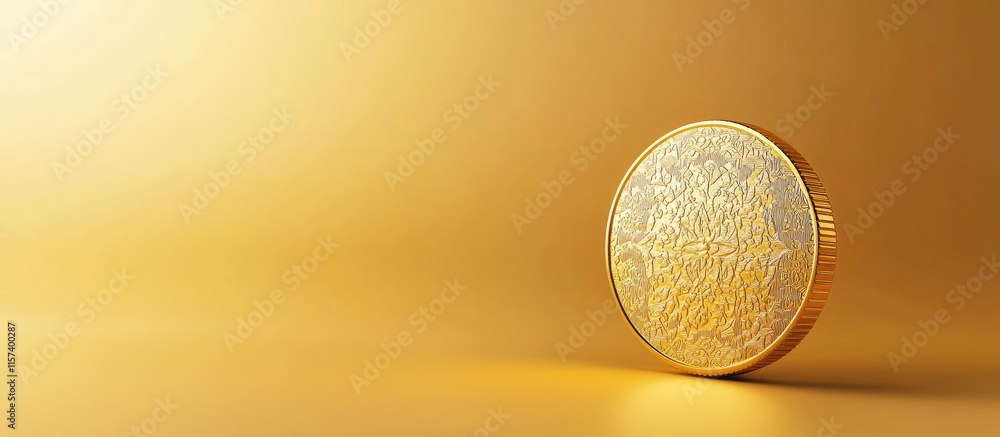 Round gold coin with detailed design and glossy finish representing ...