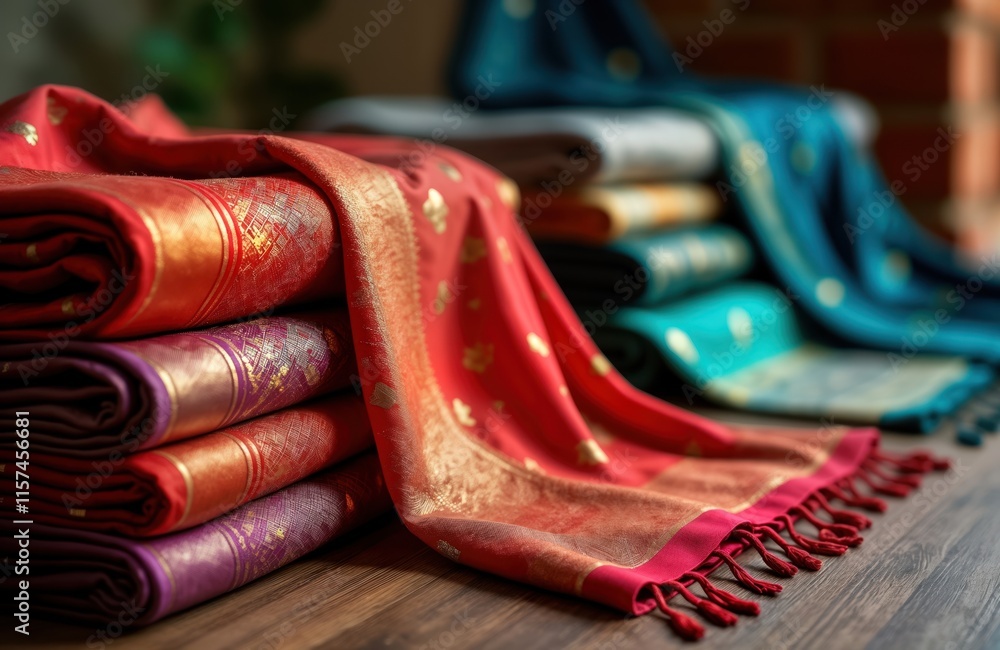 Colorful traditional Indian sarees folded neatly. Vibrant colors ...