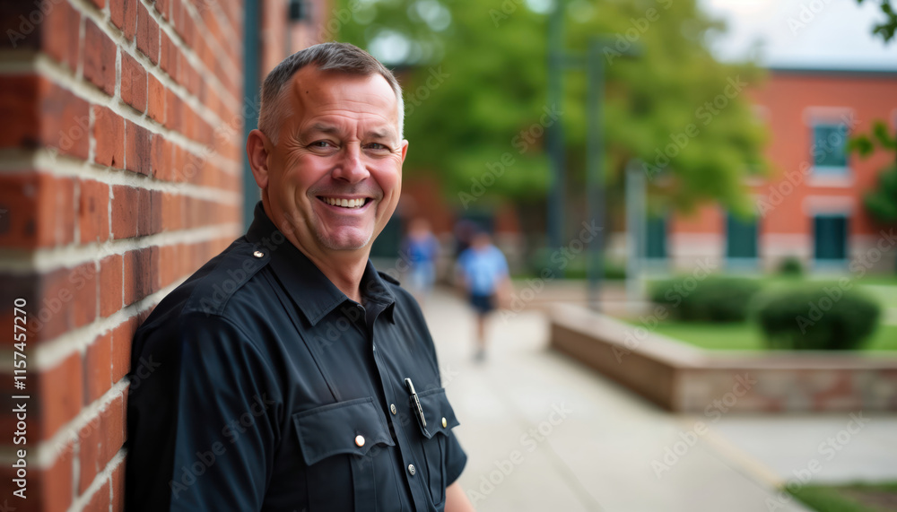 Friendly school security guard smiles at students on campus. Guard ...