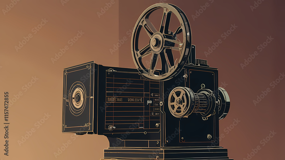 A flat illustration of an old-school film projector with a film roll ...